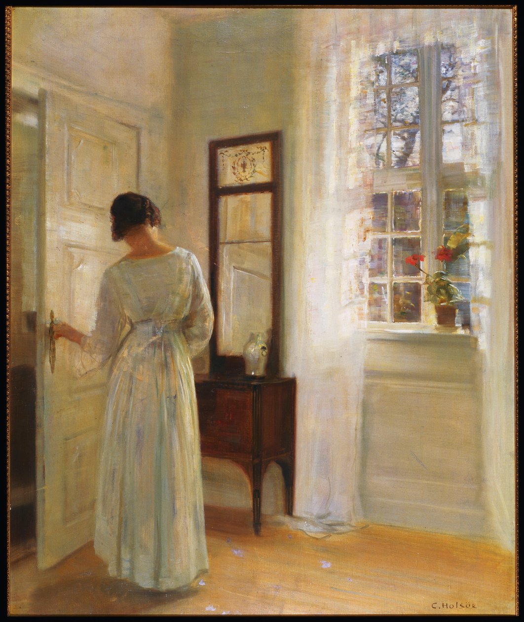 A Lady Looking in a Mirror by an Open Door by Carl Holsoe