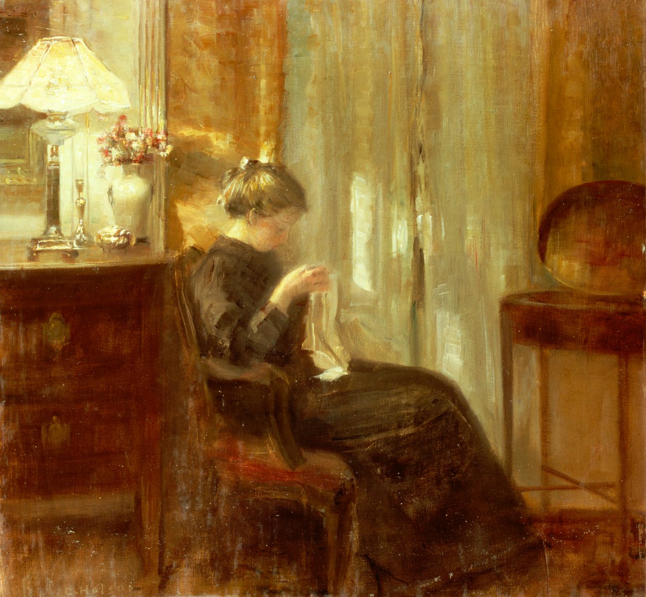 A Woman Sewing in an Interior by Carl Holsoe: Fine art print