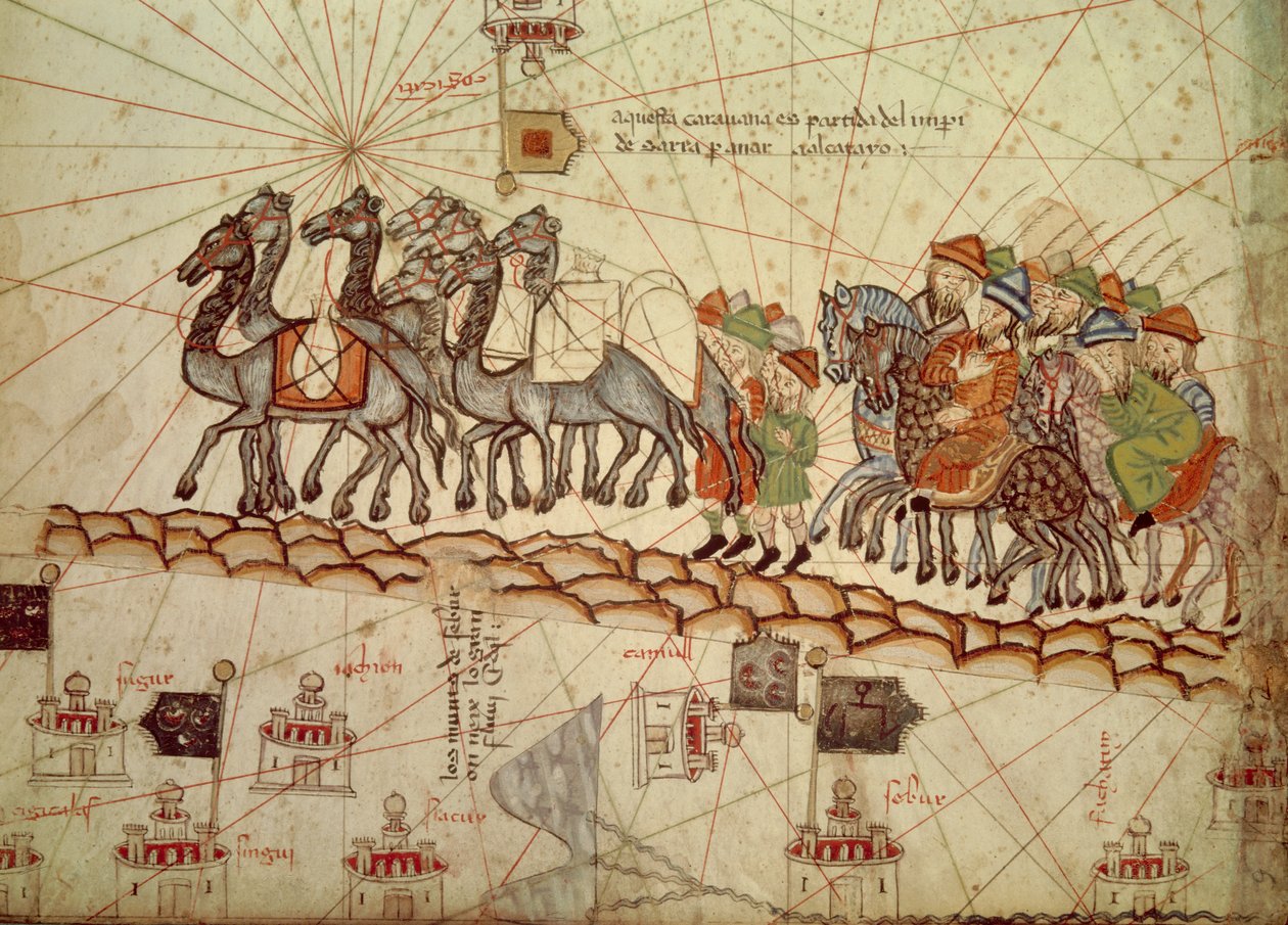 Detail of a Catalan nautical chart (portulan) representing Asia of the ...