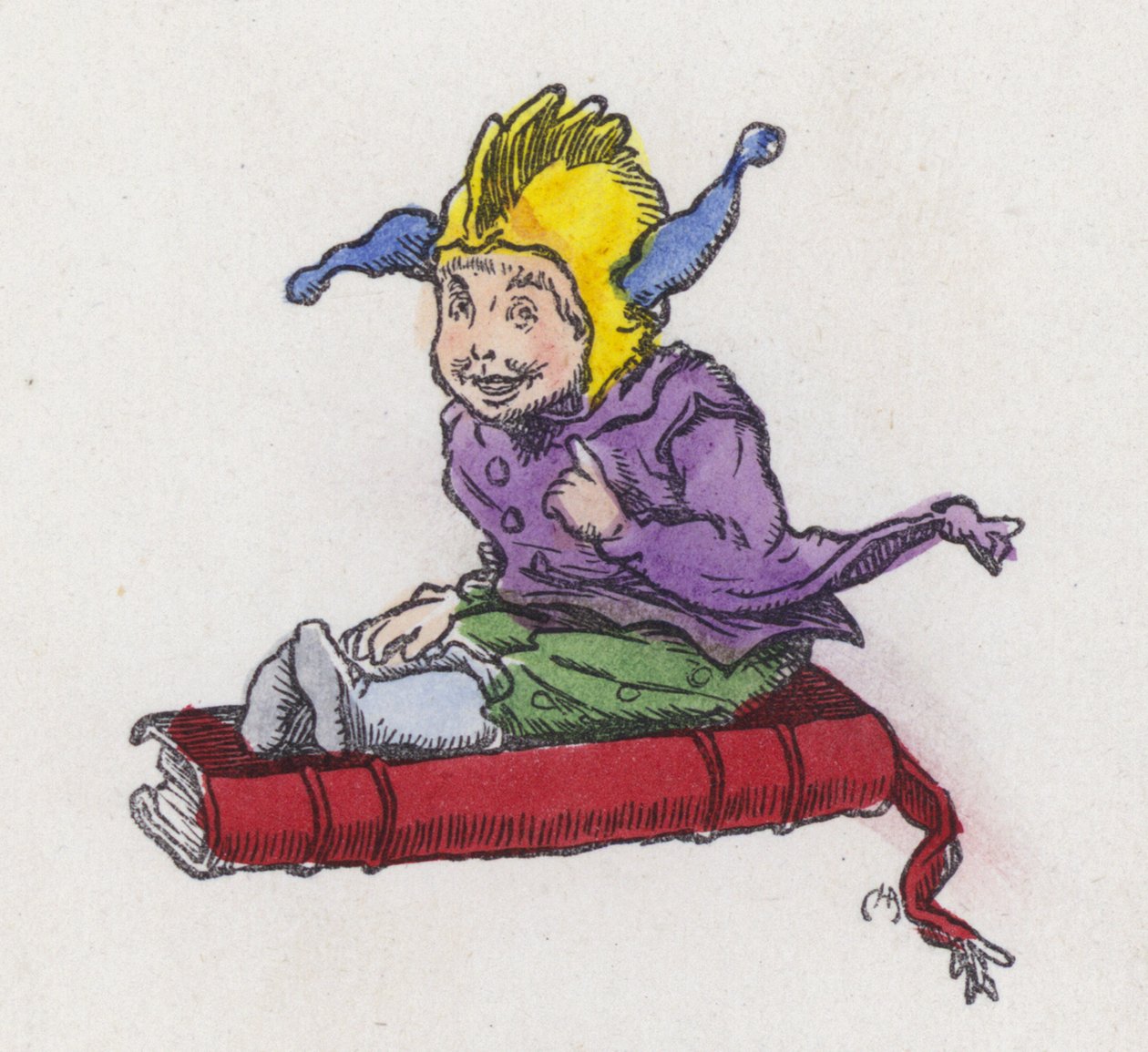 Figure Sitting on a Book and Wearing a Jester's Hat