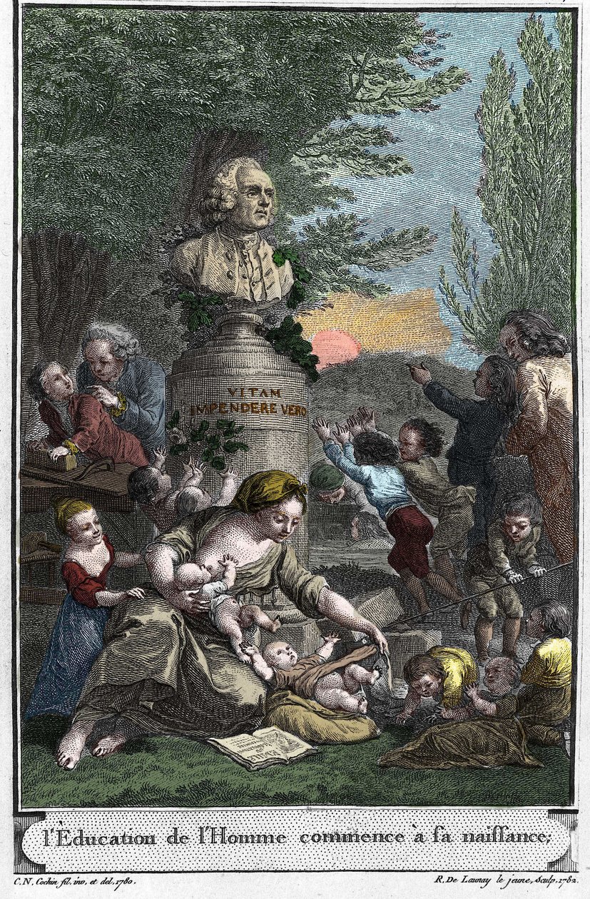 Human education begins at birth. Frontispiece (1782) of 'Emile' by Jean ...