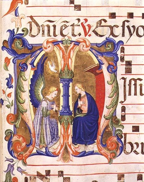Historiated initial 'M' depicting the Annunciation from an antiphon ...