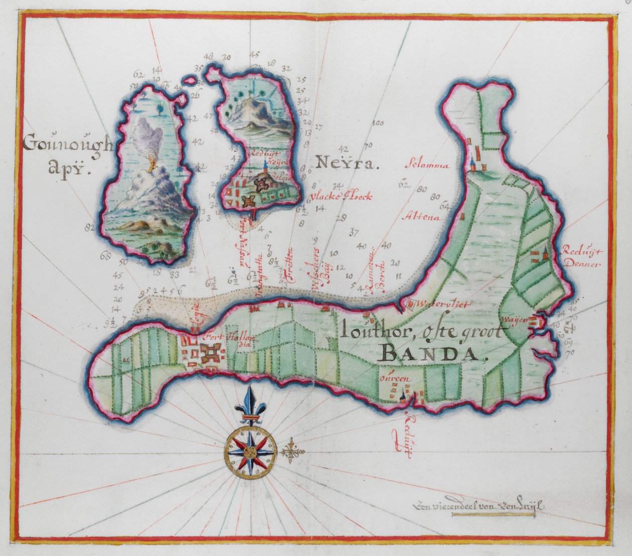Pictorial Map of Three of the Banda Islands by Dutch School