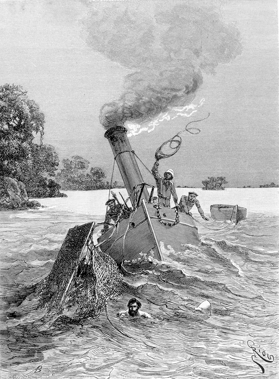 Sinking of the steam boat. In 'Journey in the West African' by Brazza