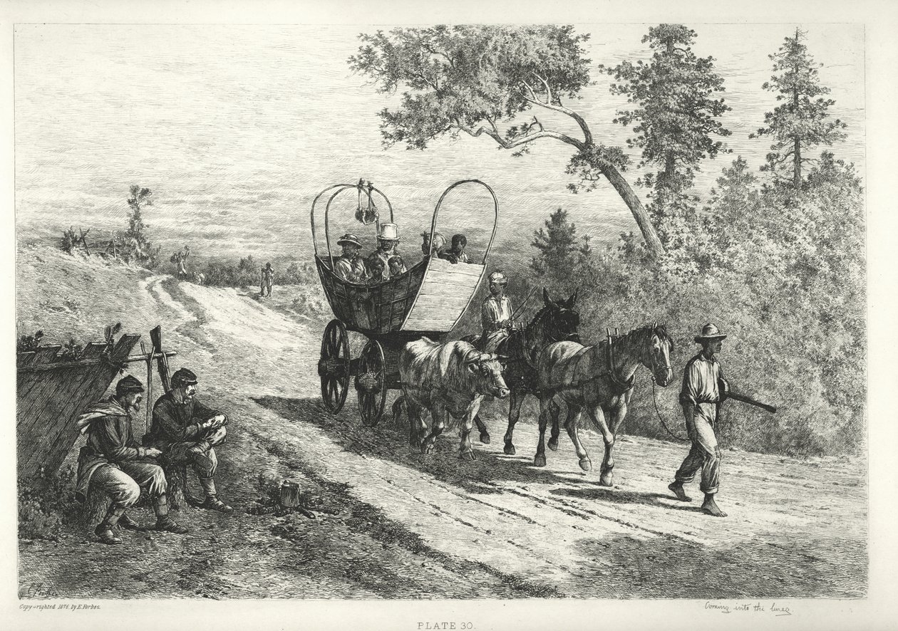 Print of a Carriage Being Drawn by an Ox, Mule, and Horse
