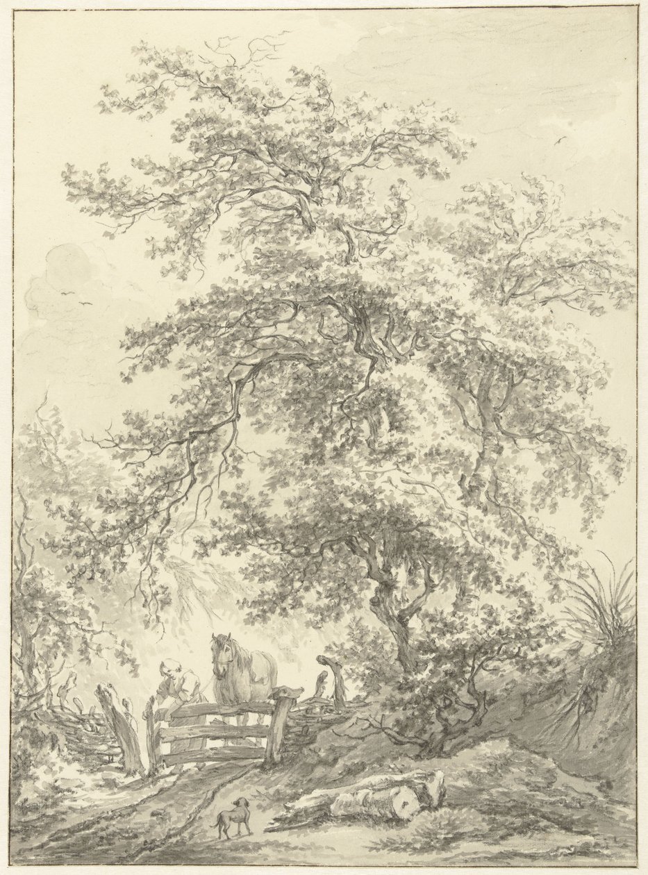 Woman with Horse by Fence under Large Tree