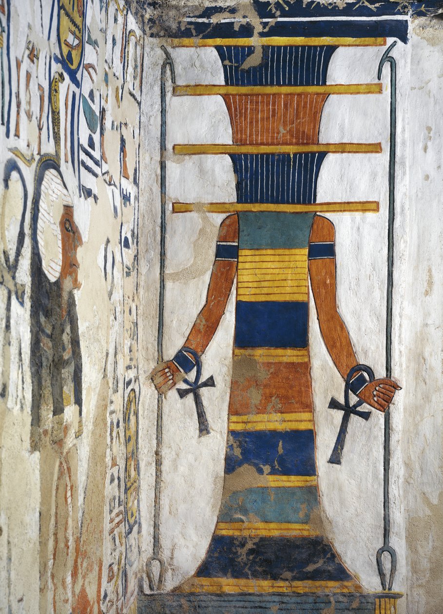 Osiris as a djed pillar holding a was sceptre in each hand and with an ...