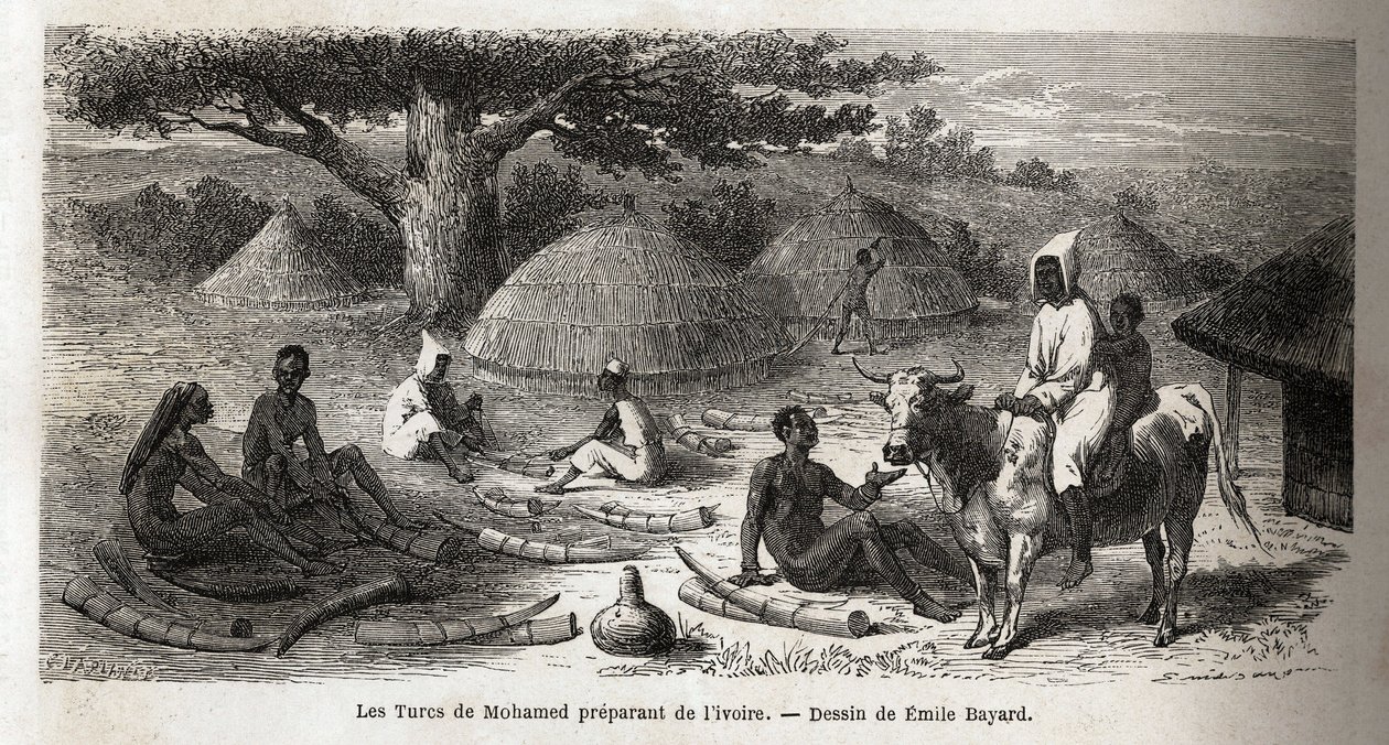 Preparation of ivory, for a Turkish trader, Uganda, drawing by Emile ...