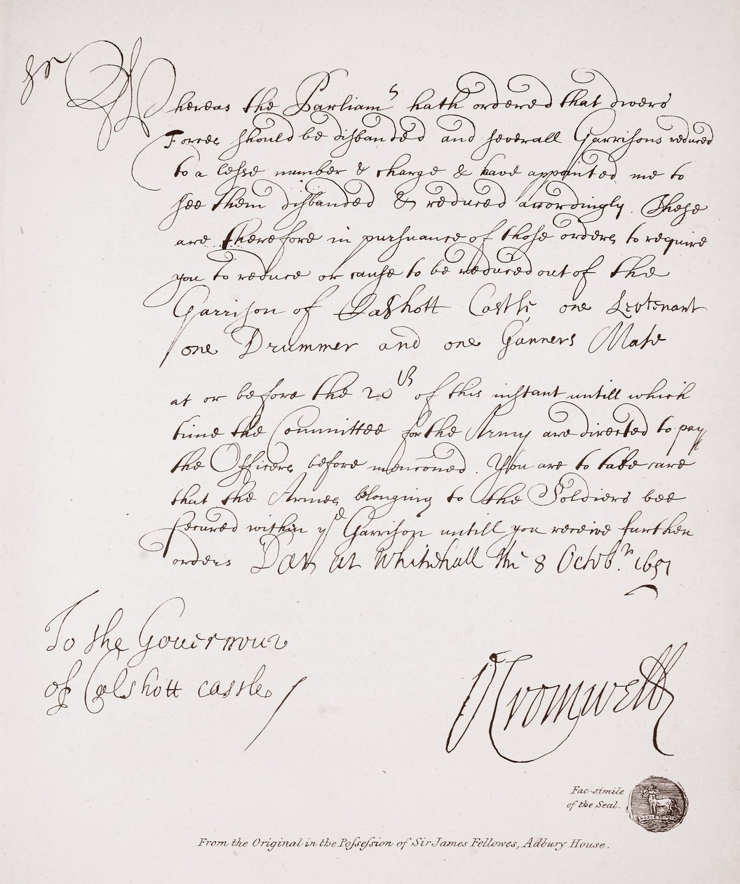 Letter to the Governor of Calshott Castle from Oliver Cromwell, 1651 ...