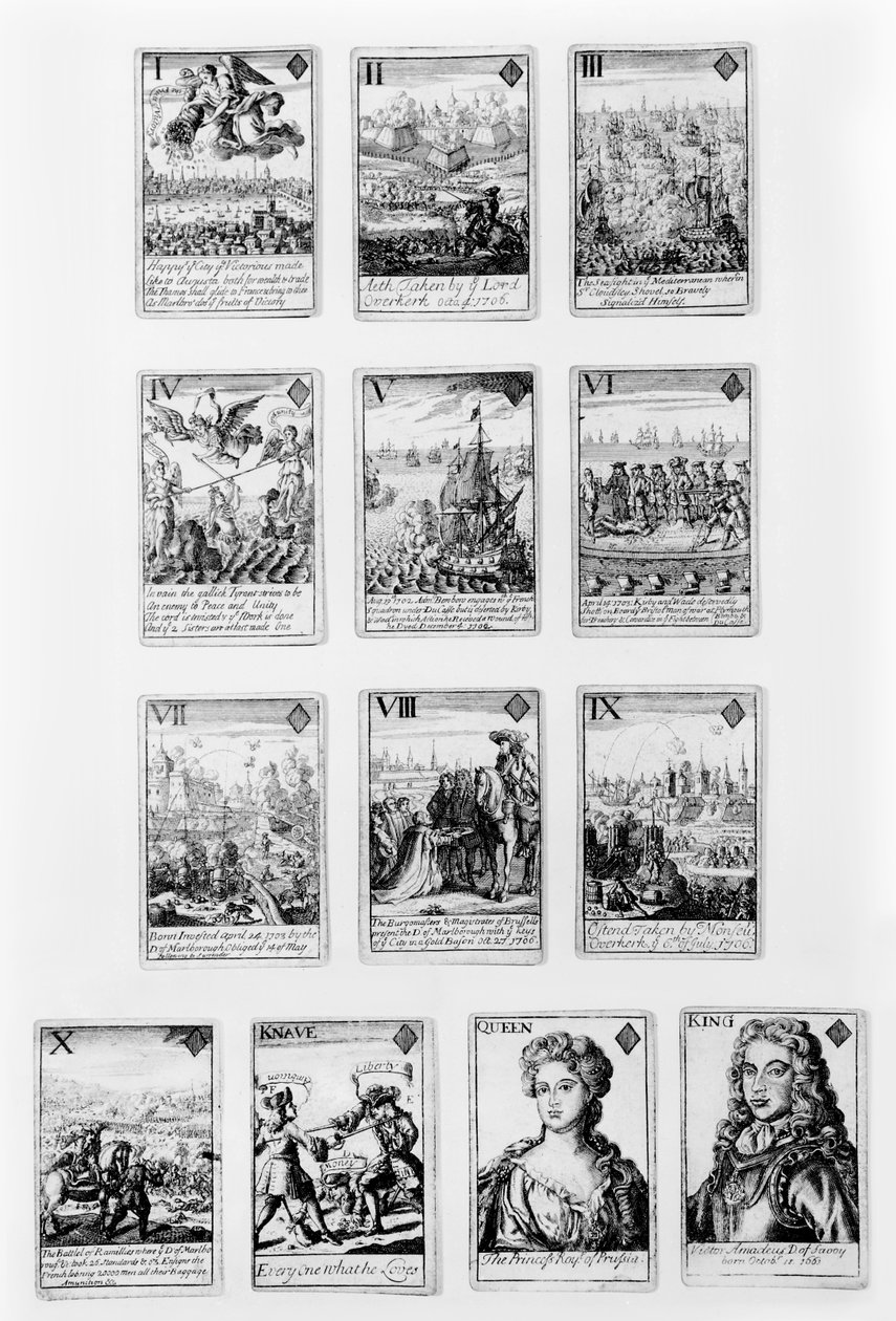 Playing cards with characters and scenes from the early 18th century