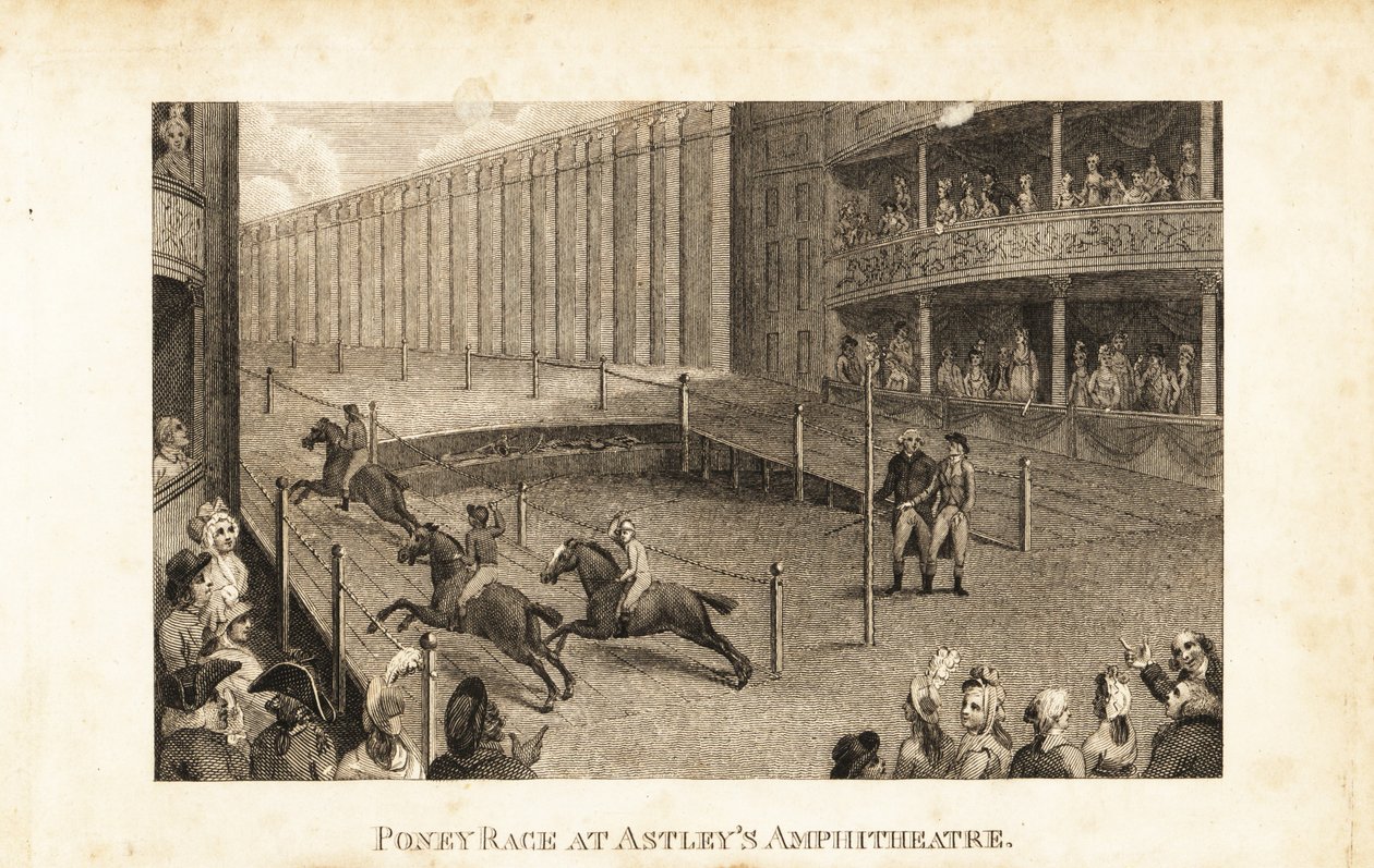 Regency audience in theatre boxes and stalls watching a horse race in ...