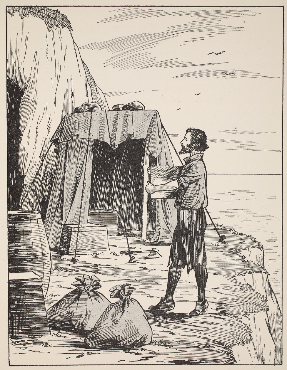 Robinson Crusoe building his shelter, illustration from The Story of ...