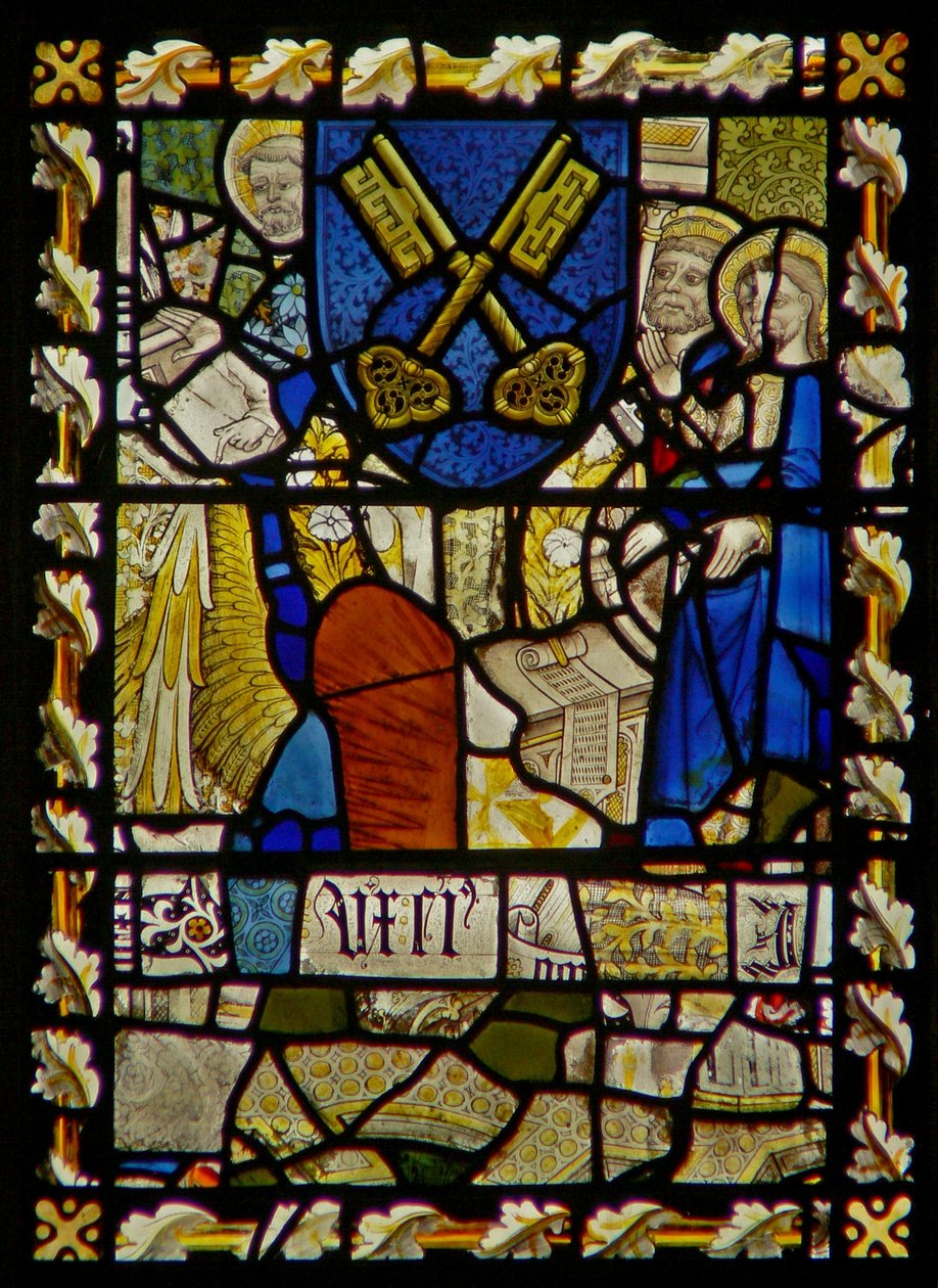 The east window depicting St John, St Peter at the Gate, shield with a ...
