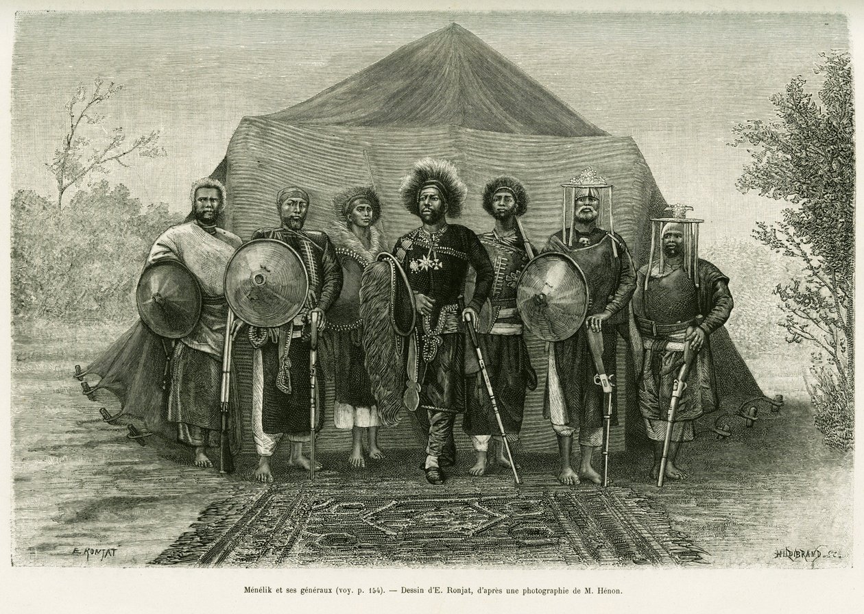 Portrait of Prince Menelik II of Ethiopia surrounded by his generals ...