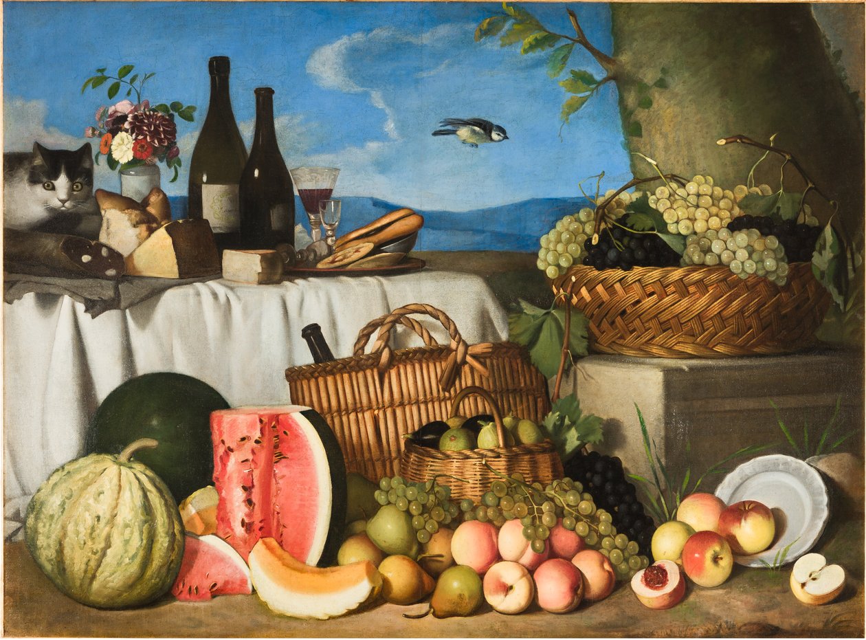 Still Life with Cat and Bird by Eugenio De Giacomi