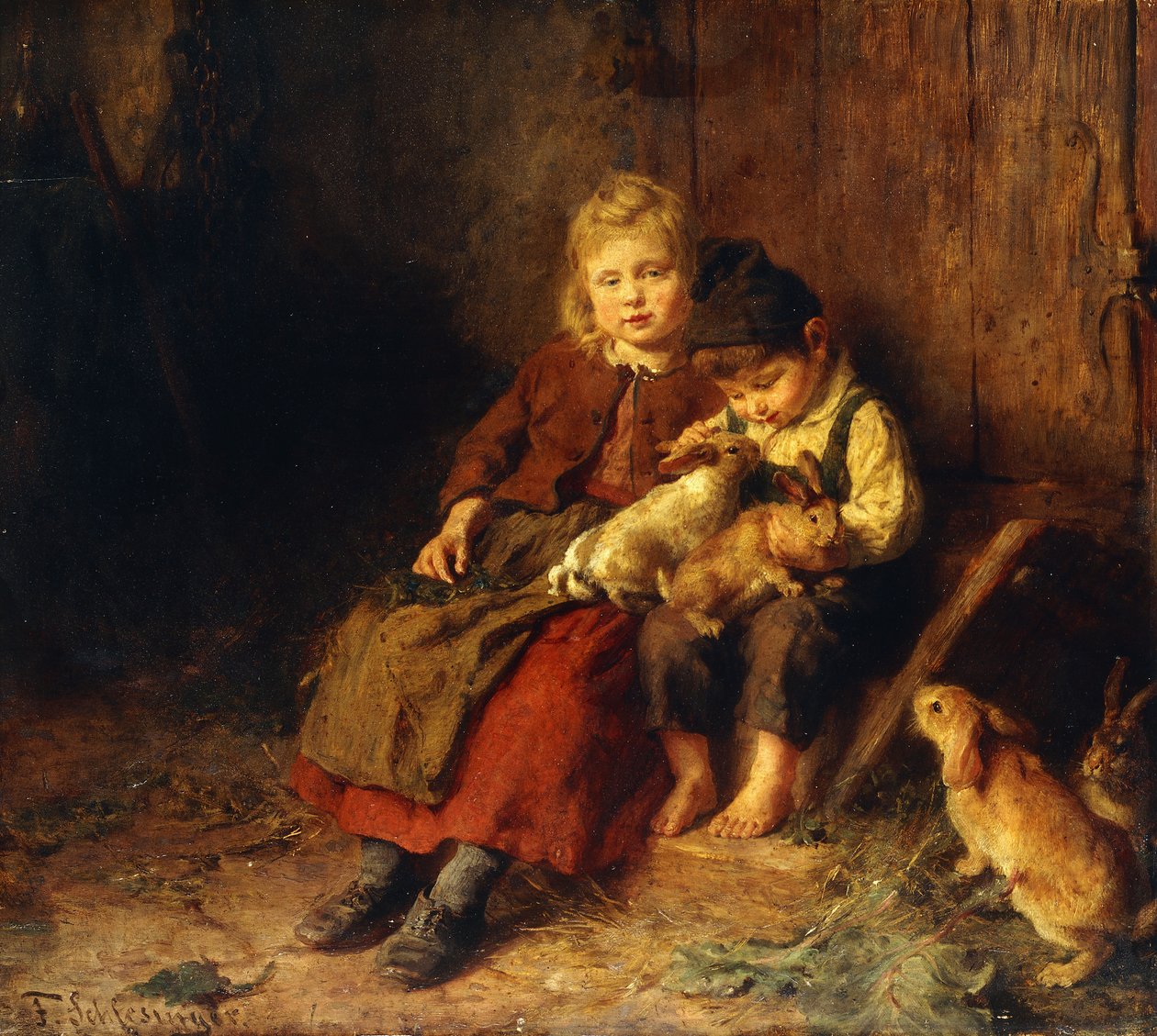 Two Children Playing with Rabbits by Felix Schlesinger