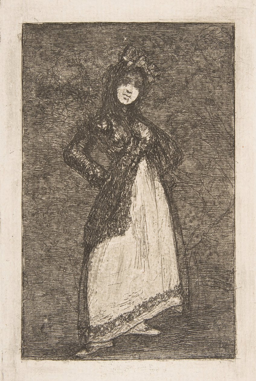 A Maja standing against a dark background