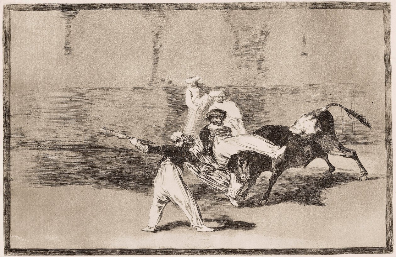 Bullfighting: A Moor receives a horn blow in the arena