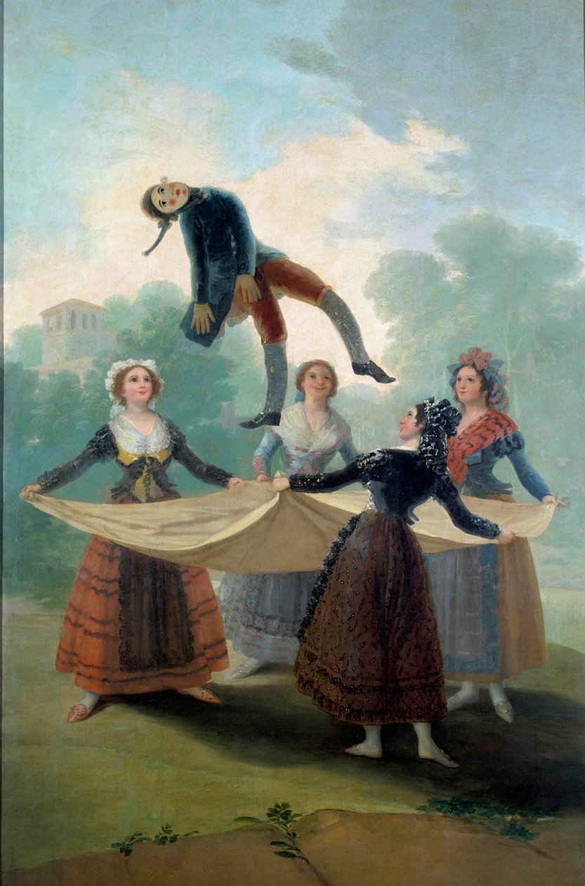 The Puppet. Young girls throwing up a rag doll with a sheet