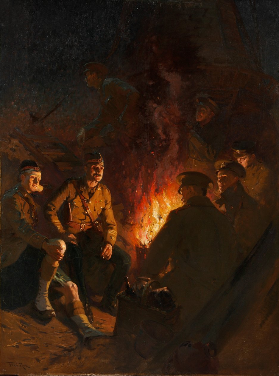 Somewhere at the front, soldiers around a campfire at night, Western Front