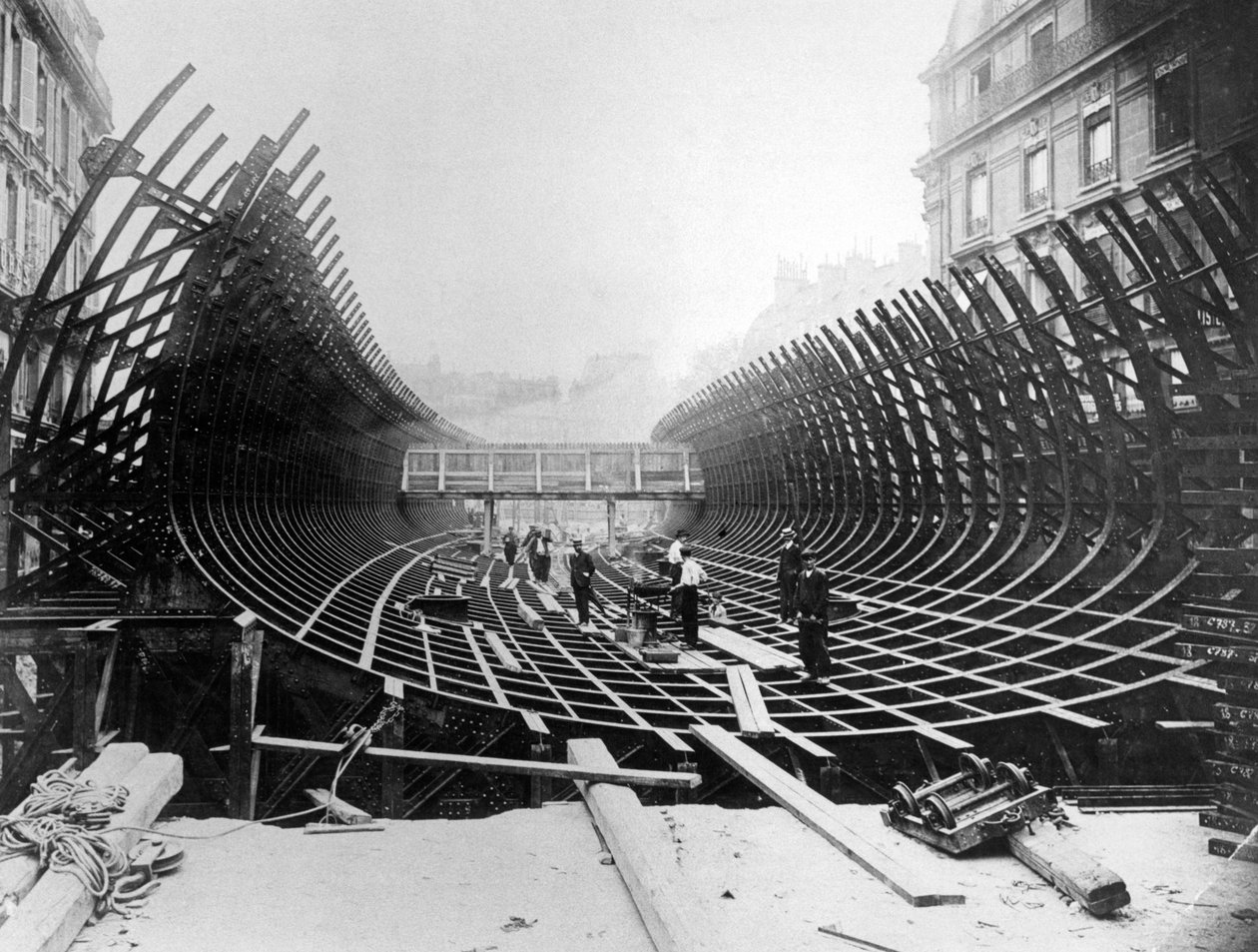 Work on the Paris Metro at Place Saint-Michel showing the construction ...