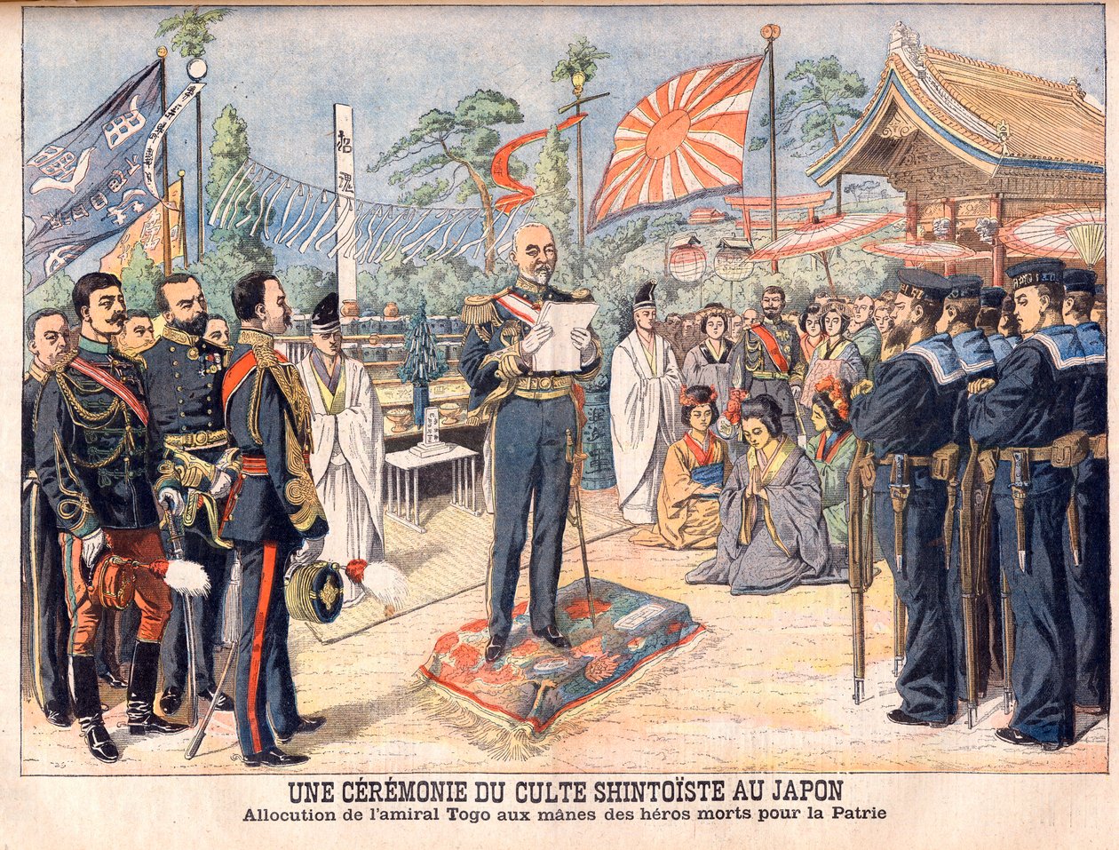 A Shinto ceremony in Japan. Admiral Togo addressing the spirits of ...