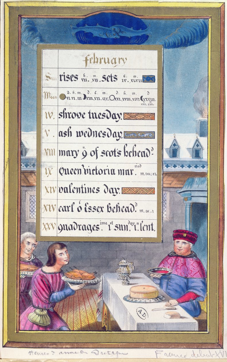 Victorian calendar sheet for February with an illustration from the ...