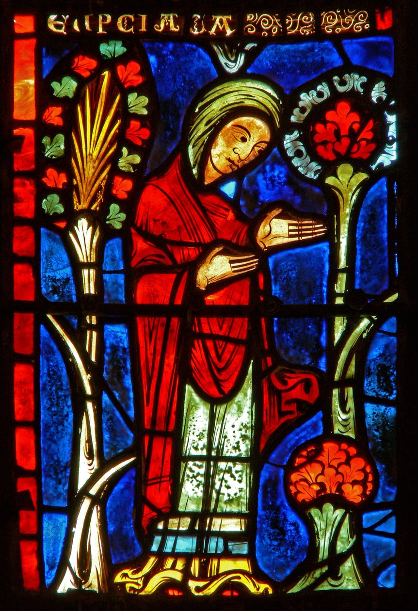 Detail from a window depicting scenes from the life of St. Mary the ...