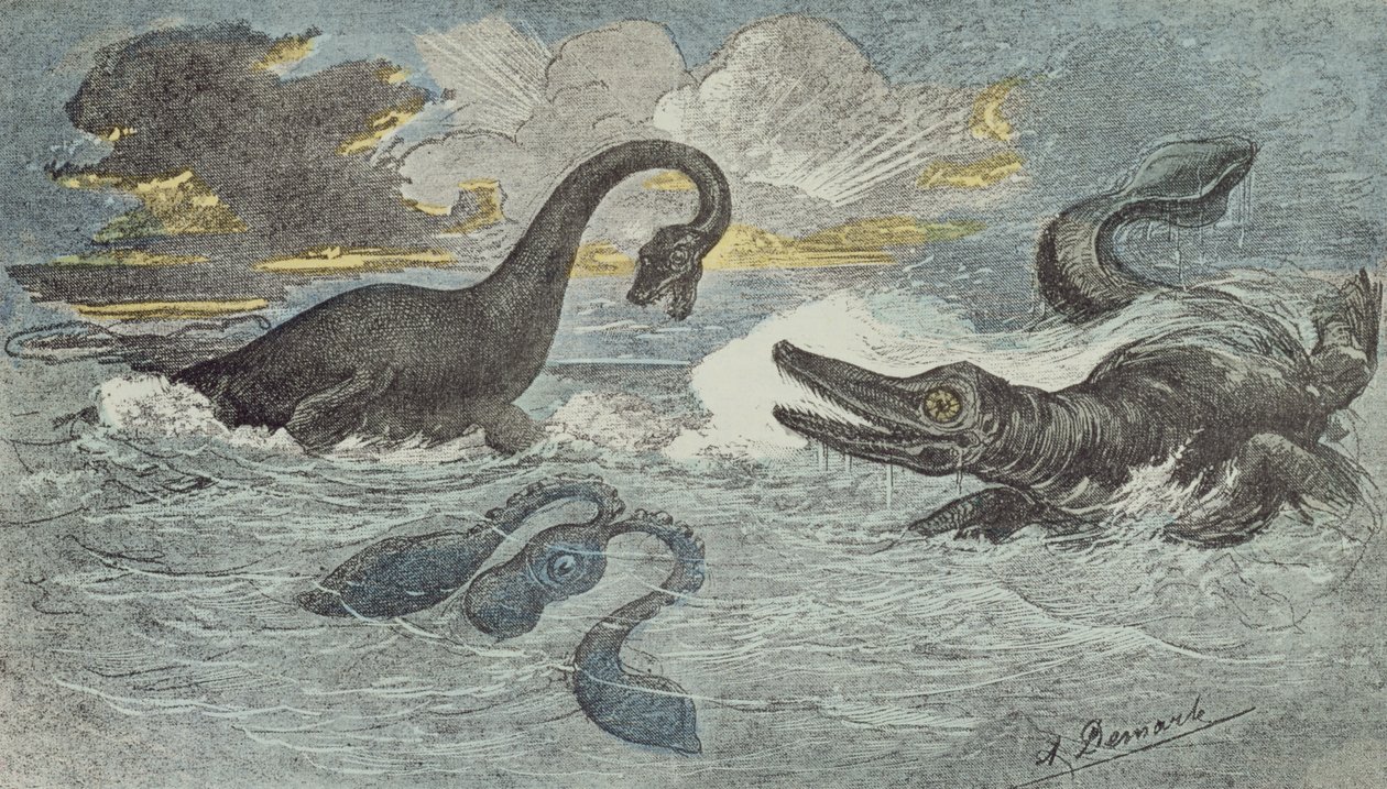 Fight between a Plesiosaurus and an Ichthiosaurus in the Liassic or ...
