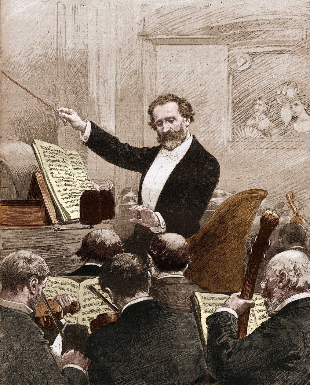 Giuseppe Verdi leading the opera orchestra to the first representation ...