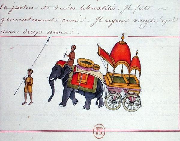 Illustration of an elephant pulling a cart, early 19th century