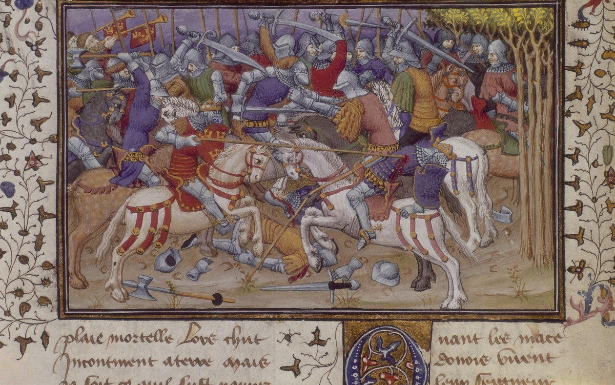 Defeat of Philip by Pausanias, with mounted knights fighting, from 'La ...