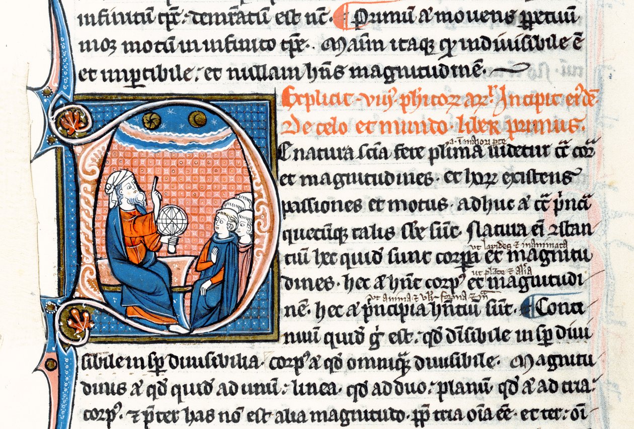 Historiated initial D depicting Aristotle holding an armillary sphere ...