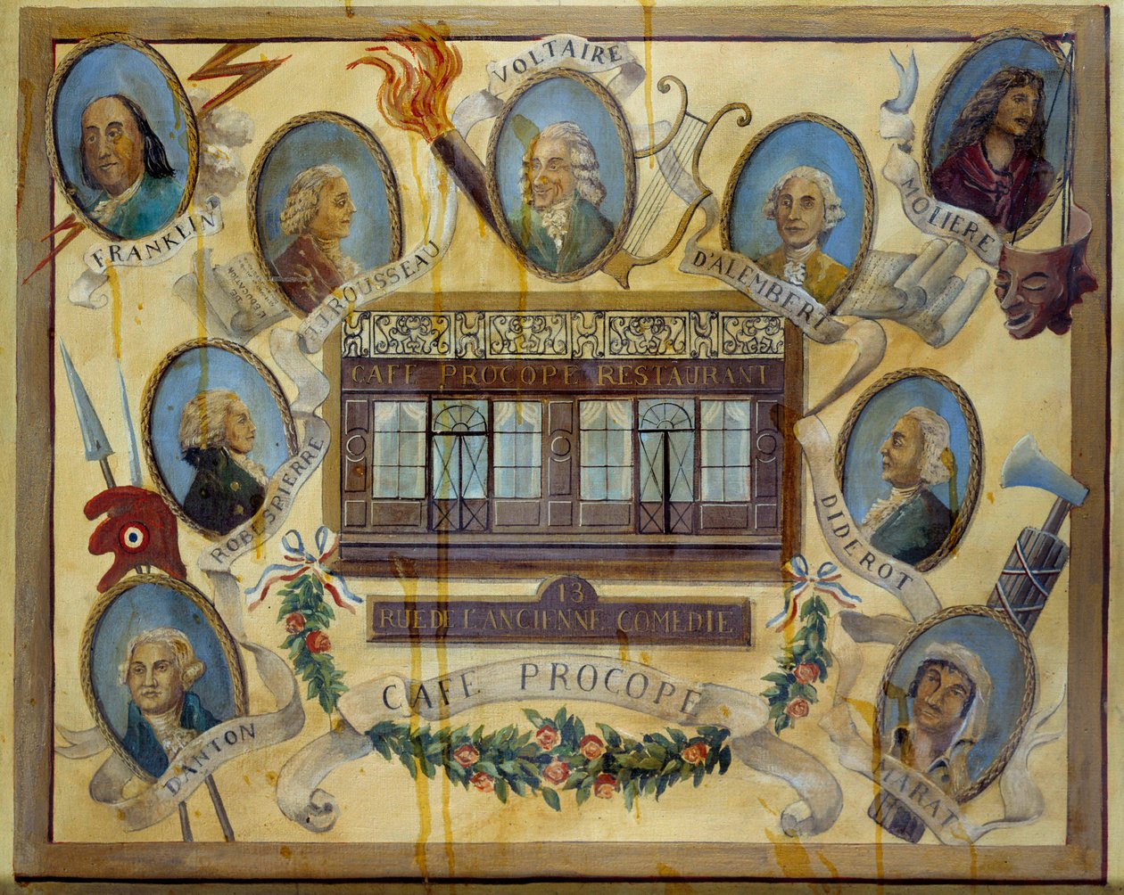 Portrait of Historical Figures and View of the Parisian Cafe Le Procope