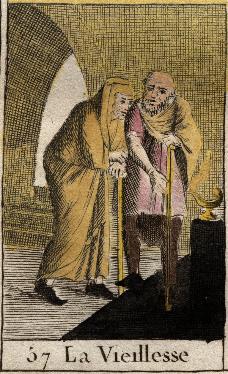Representation of Old Age, old woman leaning on a stick. From ...