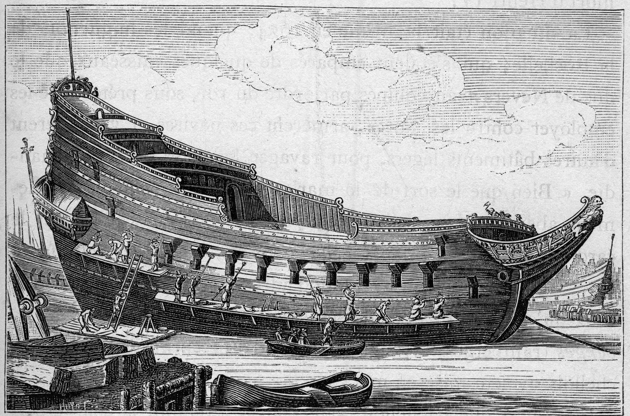 The Hull of a Large Ship in the 17th Century. Engraving in 'La Marine ...