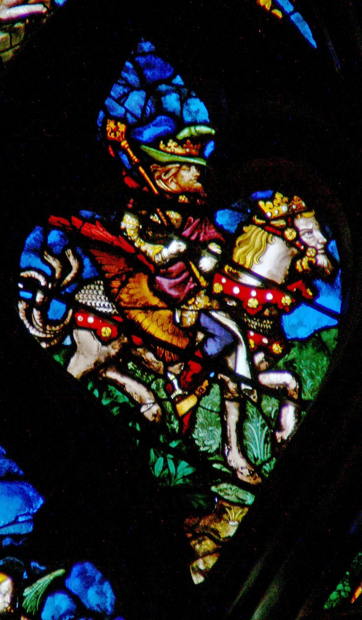 The west rose window depicting a scene from the Book of Revelation ...