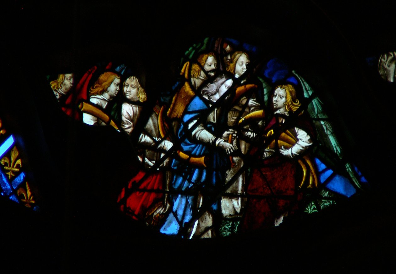 The west rose window depicting a scene from the Book of Revelation ...