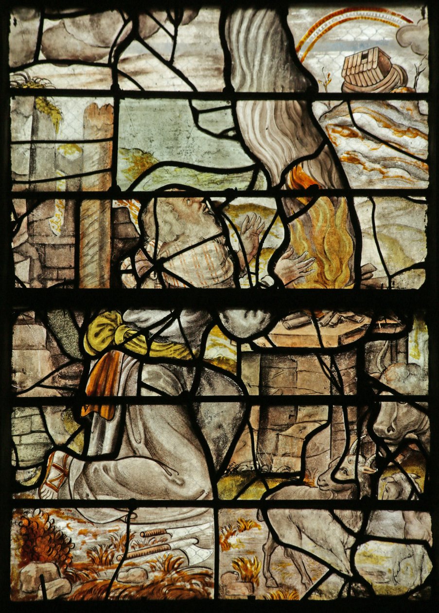 Window depicting Noah making a Sacrifice, the Ark on Mount Ararat and a ...