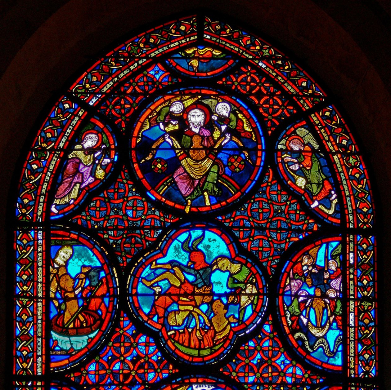 Window w23 depicting the Parable of Dives and Lazarus: the top section