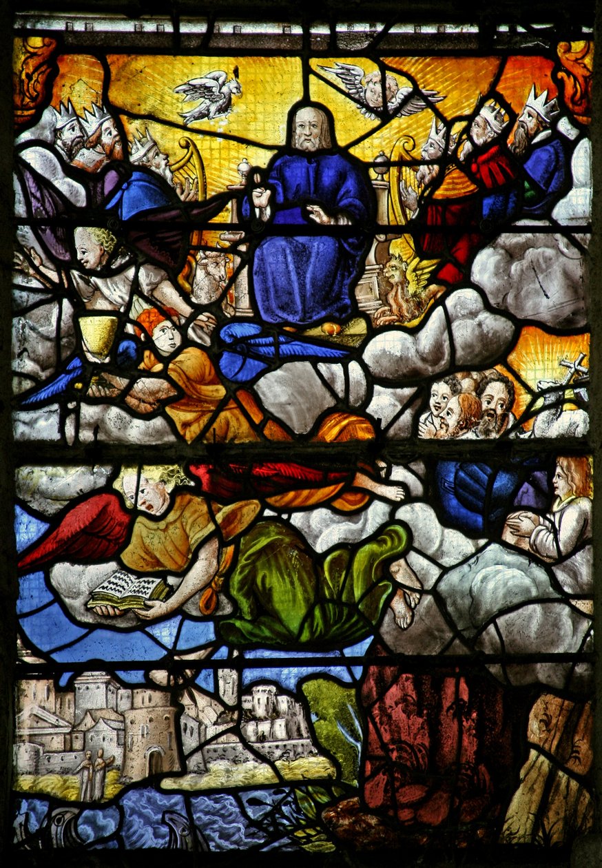 Window w7 depicting a scene from the Book of Revelation: the Throne in ...