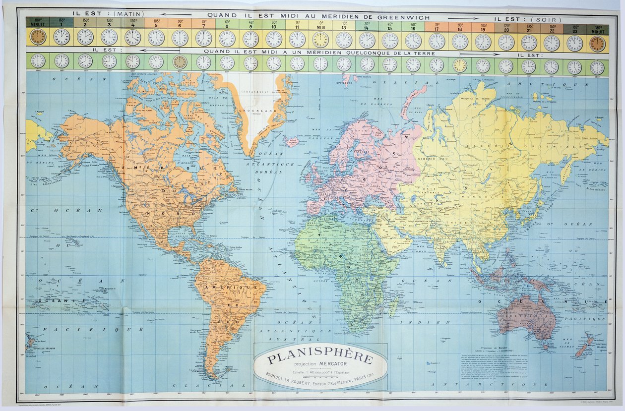 World map of the different time zones, published by Blondel La Rougery ...