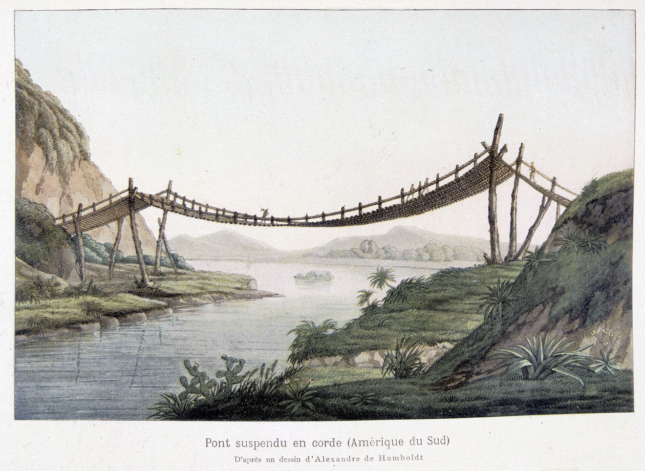 Rope suspension bridge in South America, based on a drawing by ...