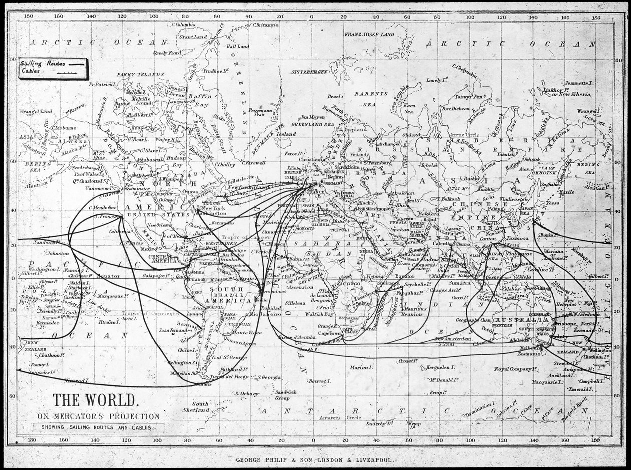 Map of the World Showing Sailing Routes and Telegraph Cables