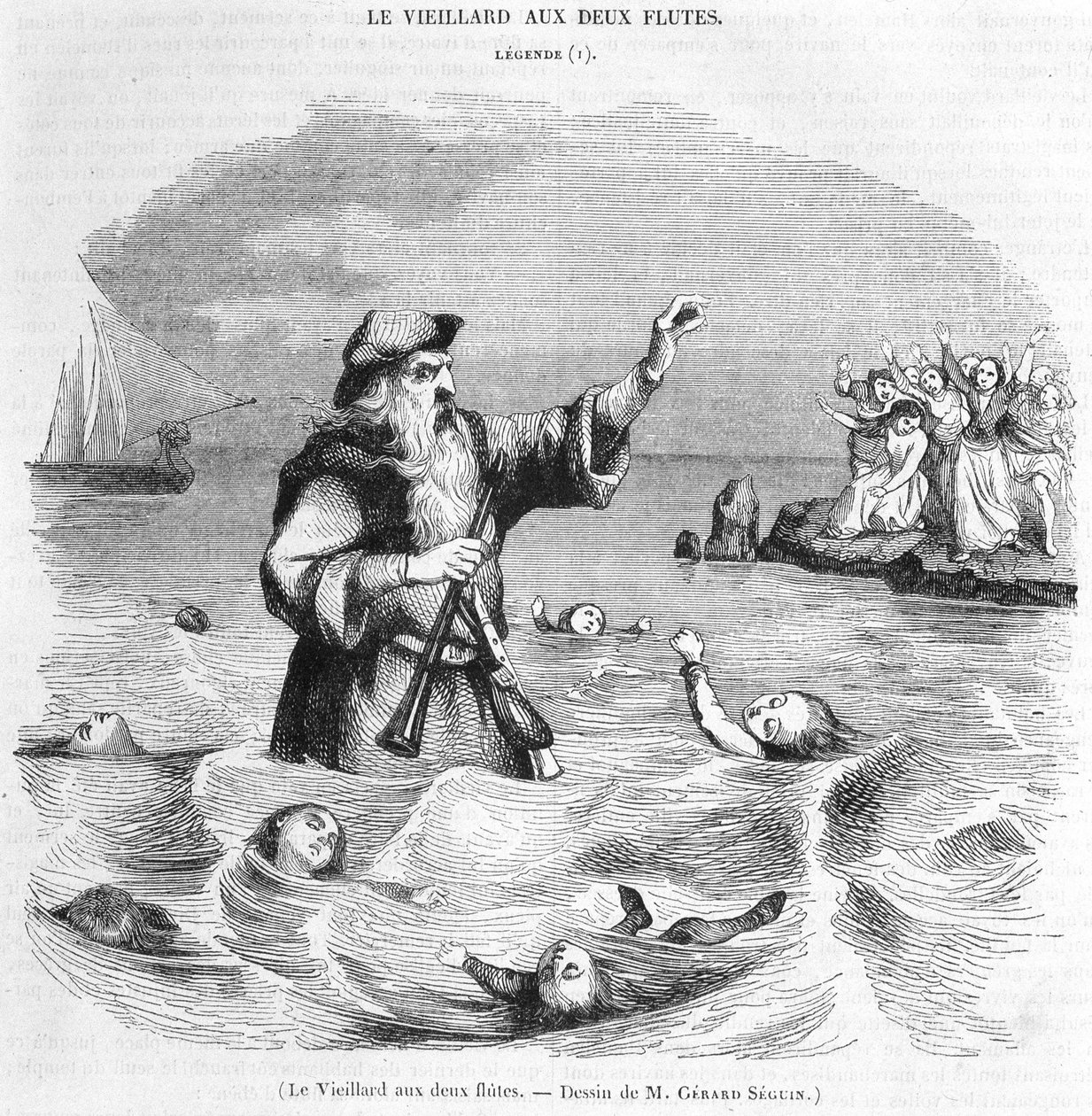The old man with two flutes. Drawing by Gérard Séguin