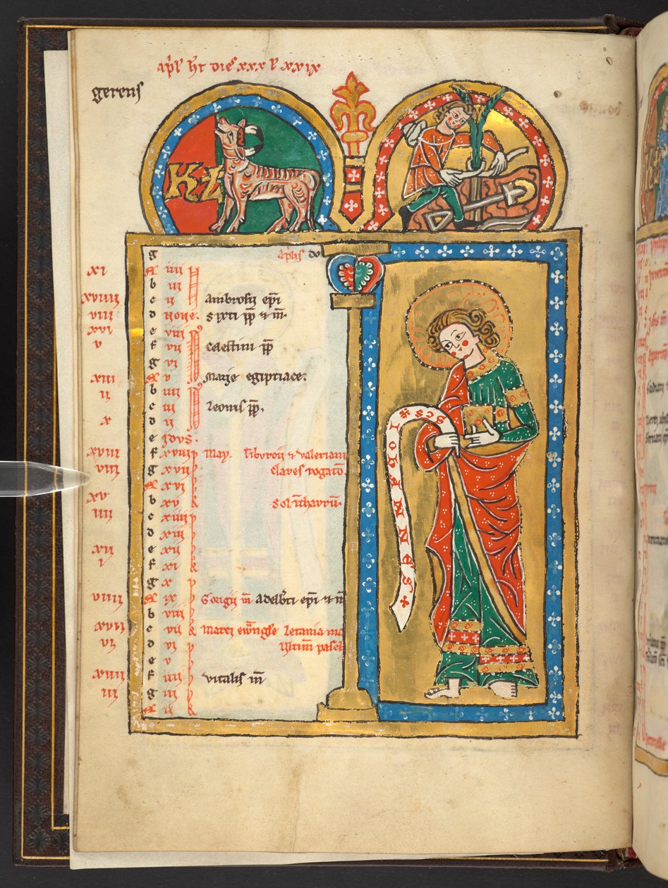 Add. 60629, f.2v April, part of 12 Calendar pages in gold and colours ...
