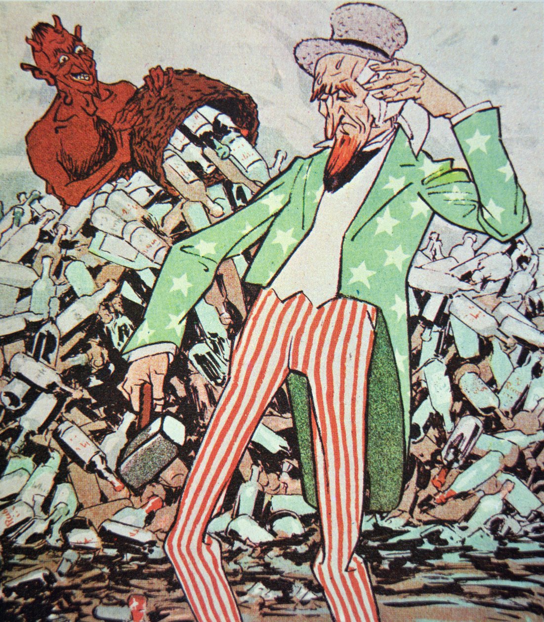 Cartoon showing Uncle Sam exhausted by the flow of bootleg produced by ...