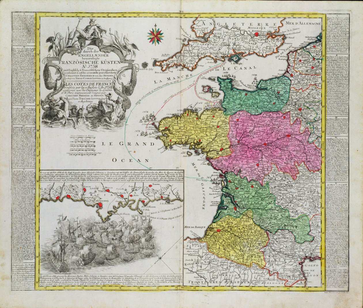German Map Showing English Naval Attacks on French Ports in 1758
