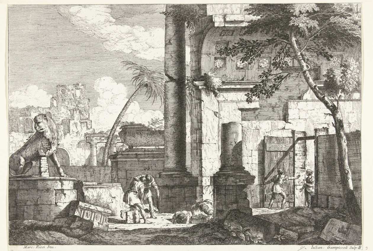Ancient Ruins with Grave Robbers and Palm Tree