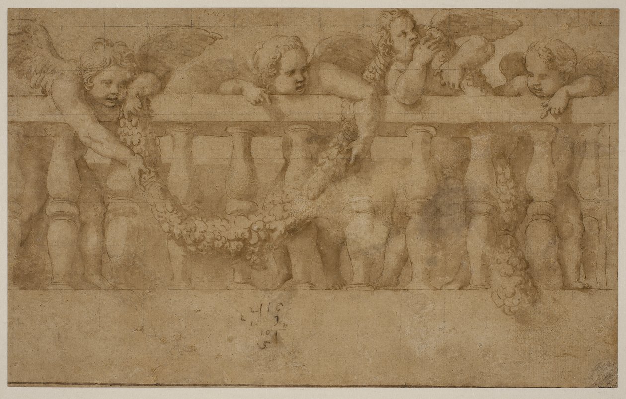 Four Winged Putti Decorating a Balustrade with Garlands